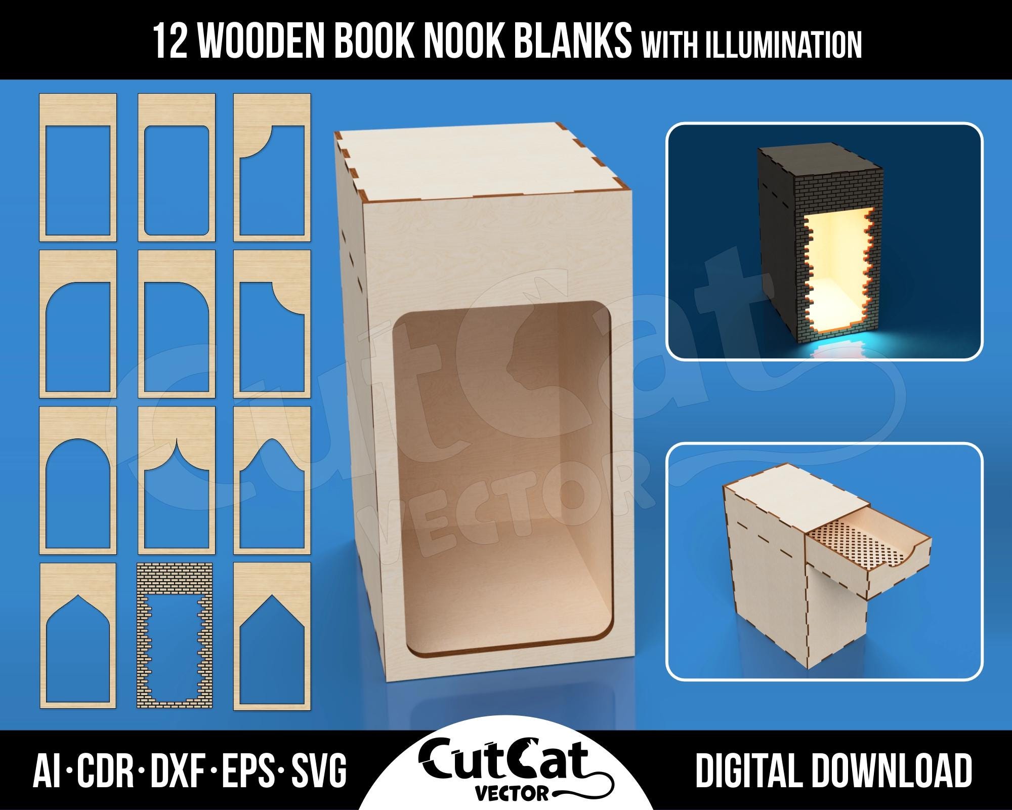 Laser Cut Book Nook Templates: 12 DIY Bookshelf Insert Designs (digital ...
