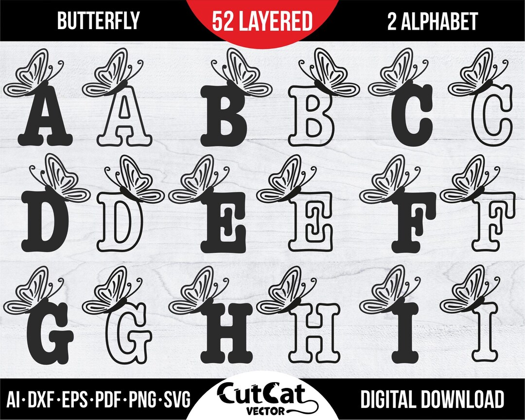 52 Butterfly Individual Monogram SVG Alphabet PNG, Monogram Frame ...