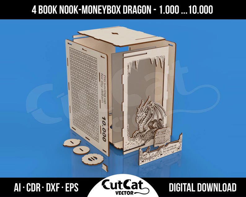 Dragon Book Nook Coin Bank SVG: Laser Cut Fantasy Savings Box (digital ...