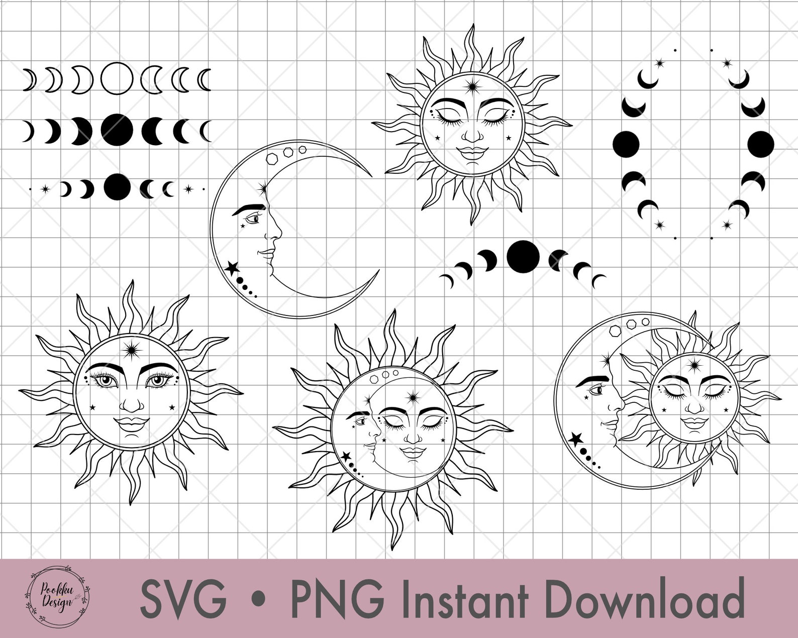 Sun Moon Boho Bundle SVG Lunar Phase Svg Sun and Moon PNG - Etsy