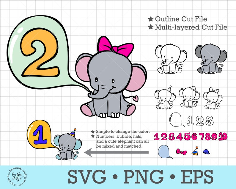 Cute Elephant and Numbers SVG Bundle, Elephant Clipart, Kids Birthday ...