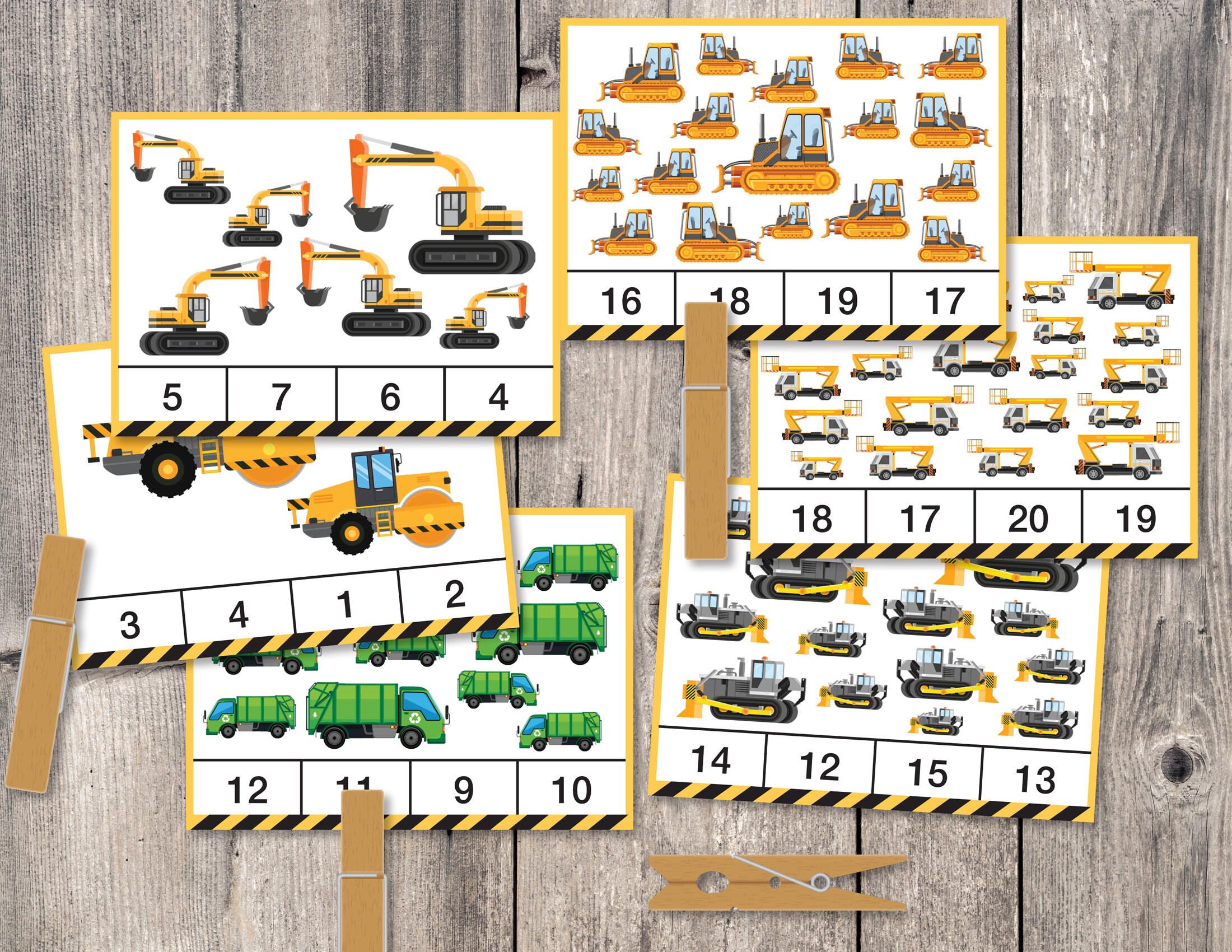 Printable Construction Clip Cards, Trucks, Montessori Counting Cards ...