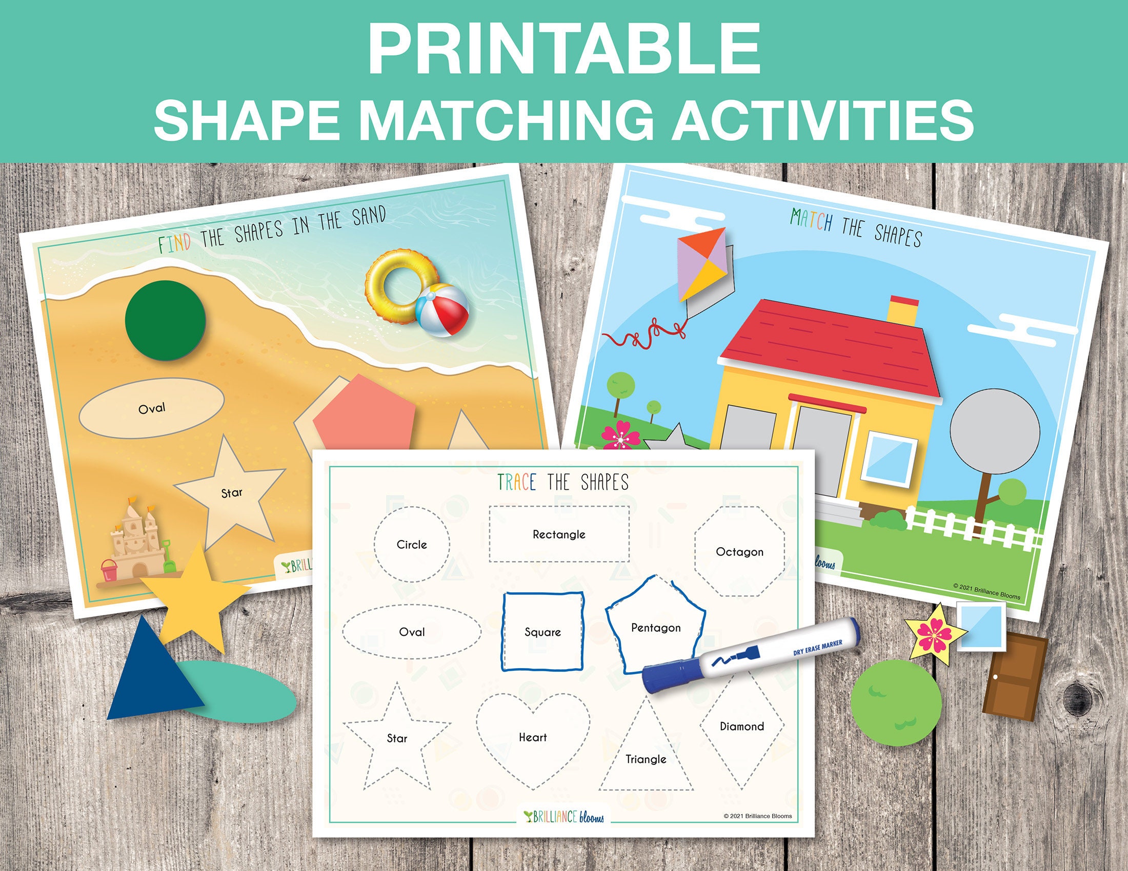Printable Shapes Matching Worksheets Preschool Shapes - Etsy