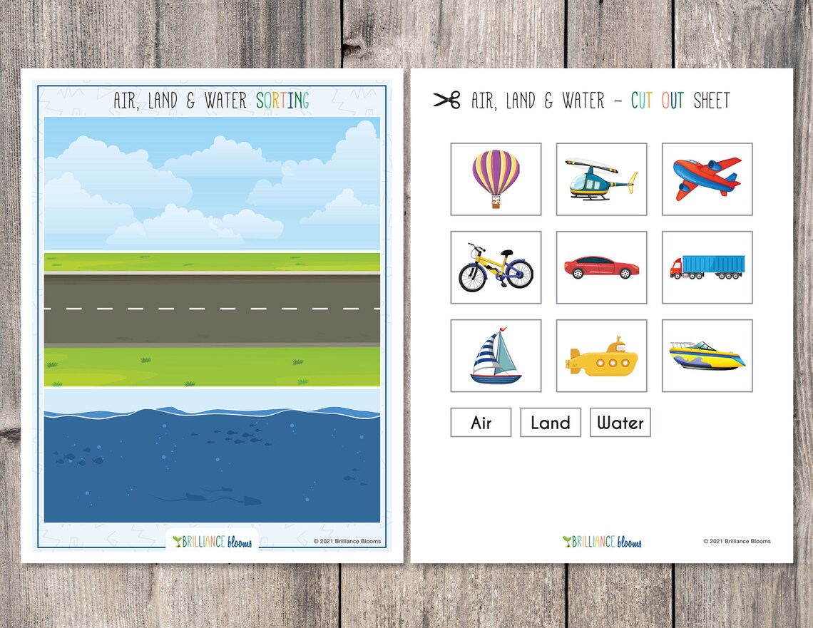 Printable Sorting Activities, Air Land Water Sorting, Transportation ...