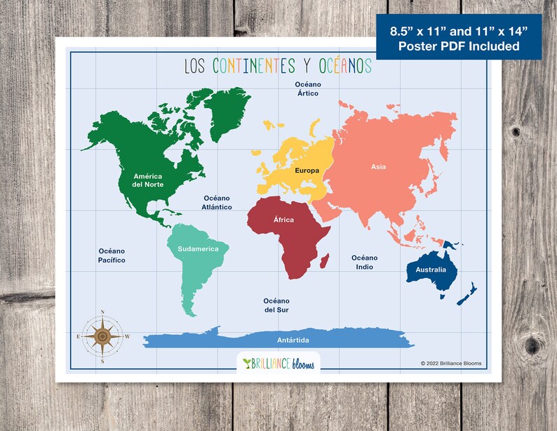 Spanish Continents World Map Printable Continents of the - Etsy