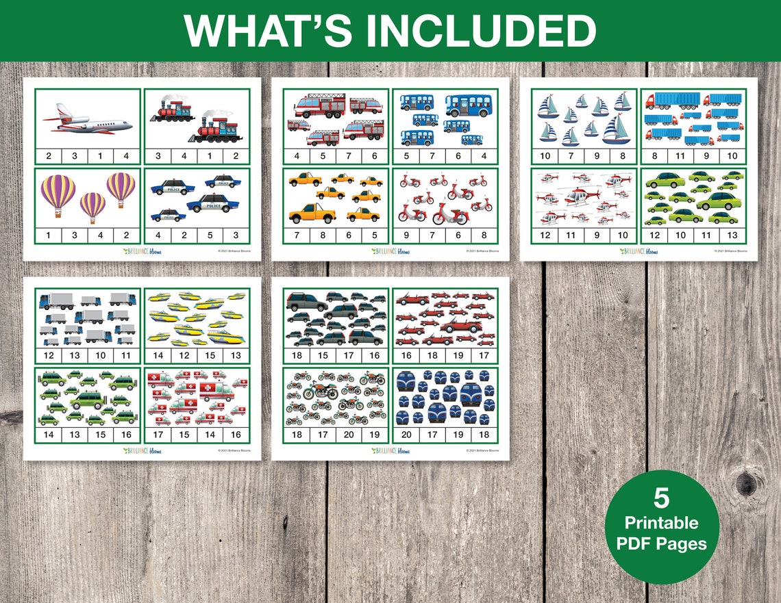 Printable Transportation Clip Cards, Montessori Counting Cards, Clip ...