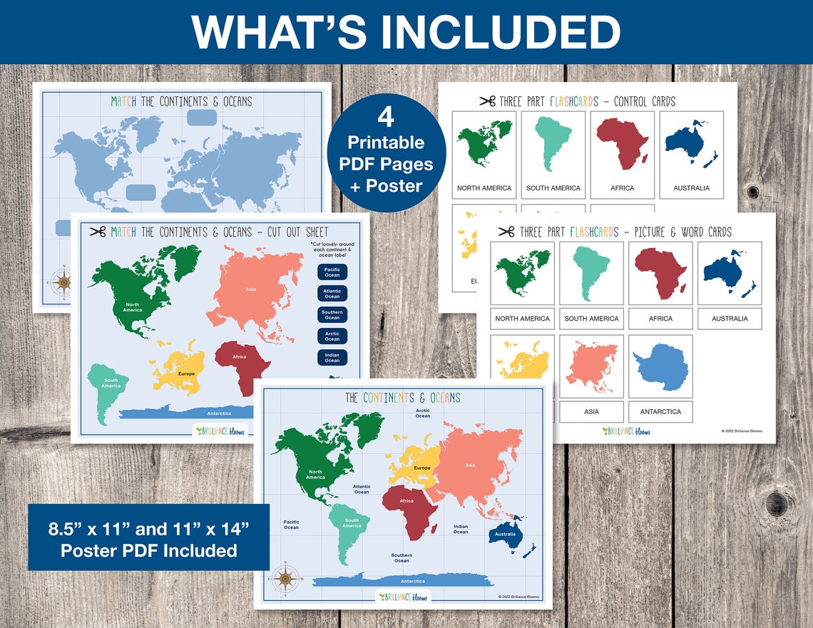 Continents World Map Printable Continents of the World - Etsy