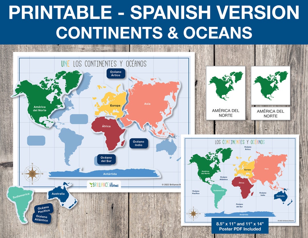 Spanish Continents World Map Printable Continents of the - Etsy