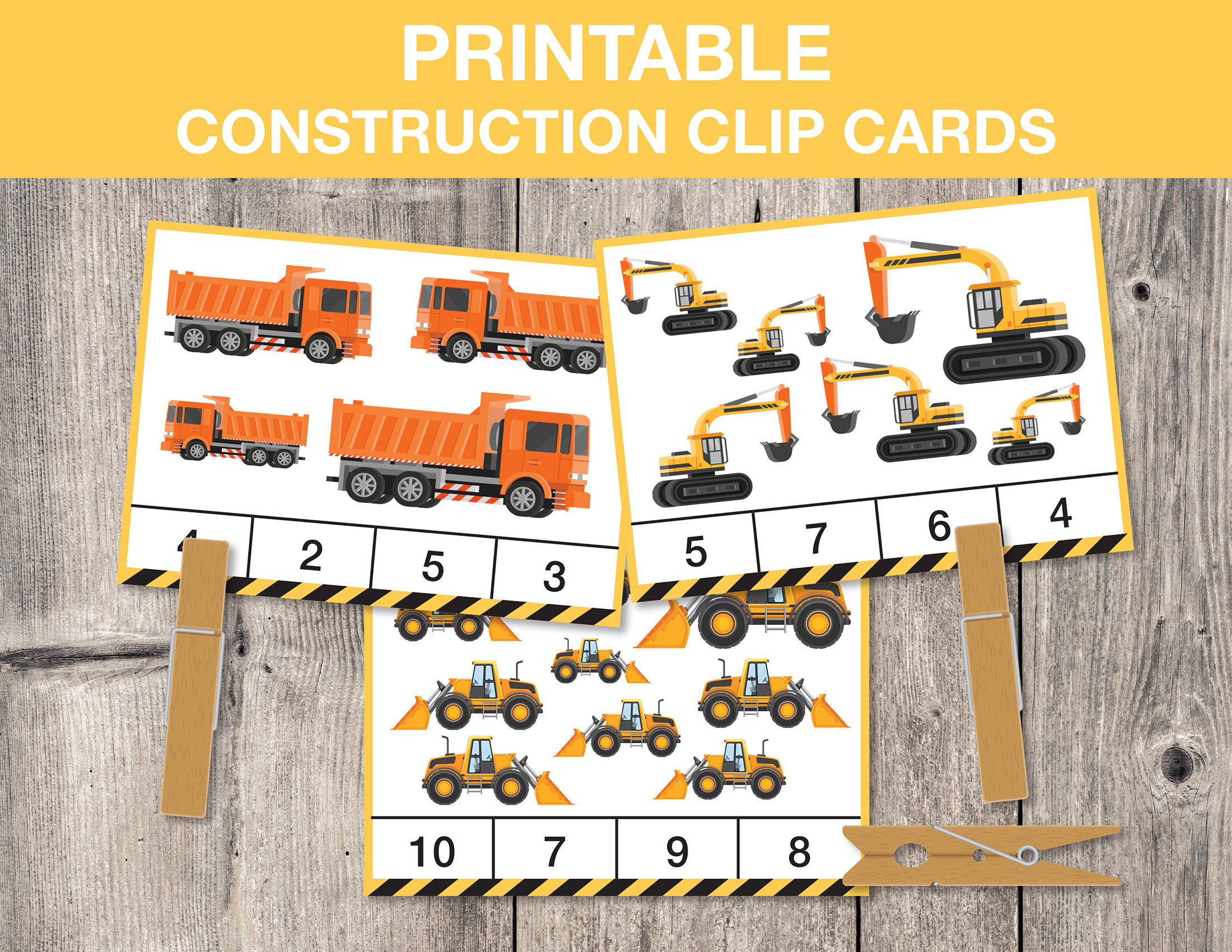 Printable Construction Clip Cards, Trucks, Montessori Counting Cards ...