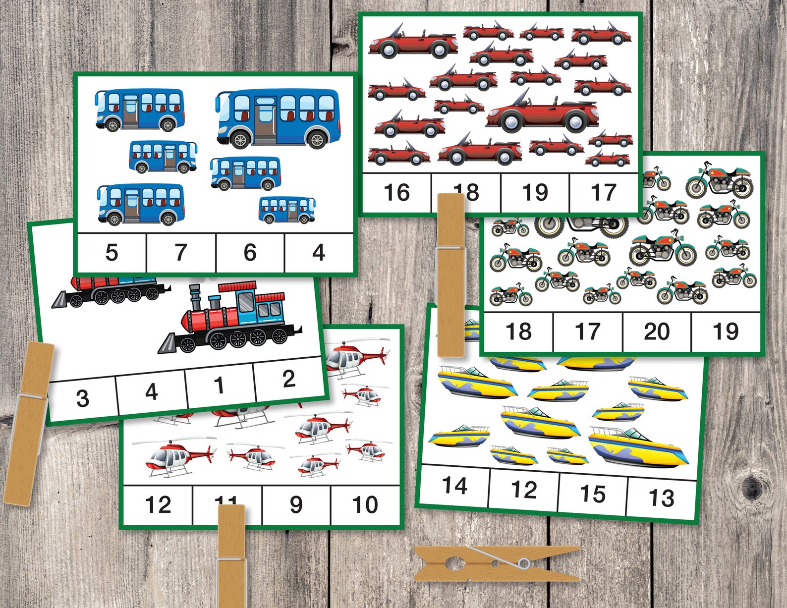 Printable Transportation Clip Cards, Montessori Counting Cards, Clip ...