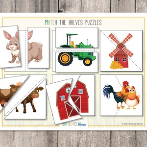 Printable Matching Activities, Farm Matching Activity, Puzzle Matching ...