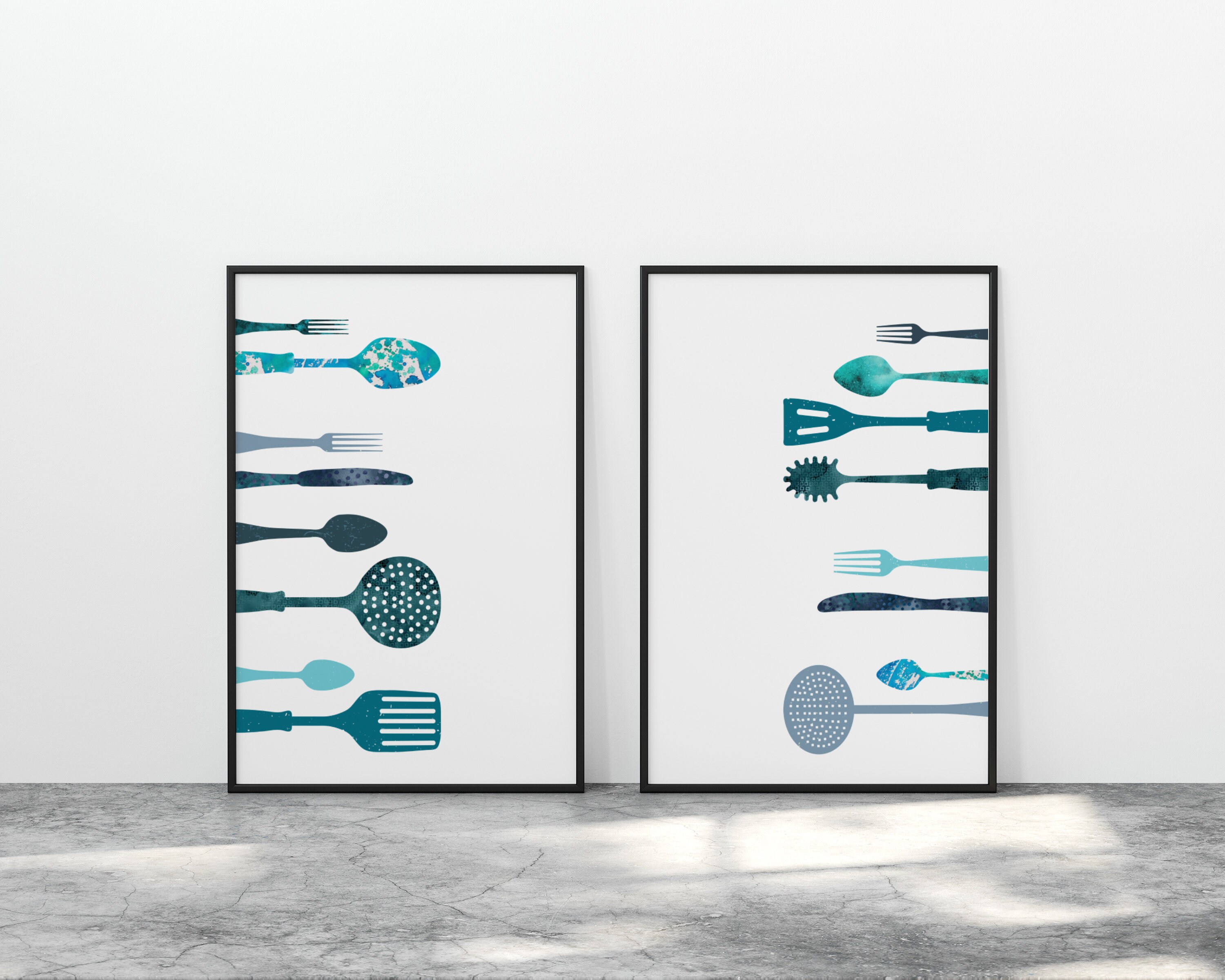 Cutlery Kitchen Wall Art, Blue Cutlery Set of Two Printable, Instant ...