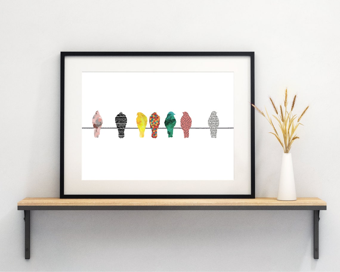 Birds on a Wire Printable Wall Art, Colourful Birds Art - Etsy