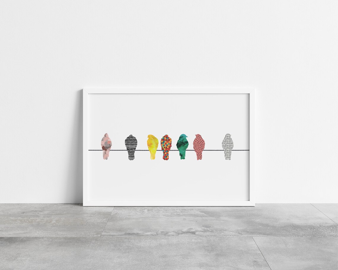 Birds on a Wire Printable Wall Art, Colourful Birds Art - Etsy
