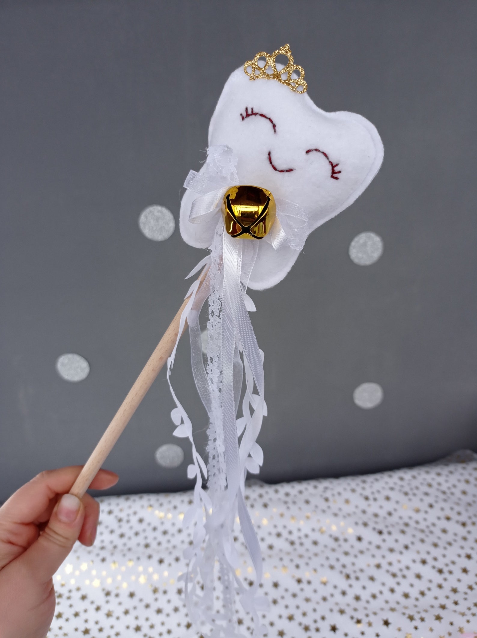 Tooth Fairy Wand: Embroidered Plush Tooth, Gold Crown & Bell - Etsy