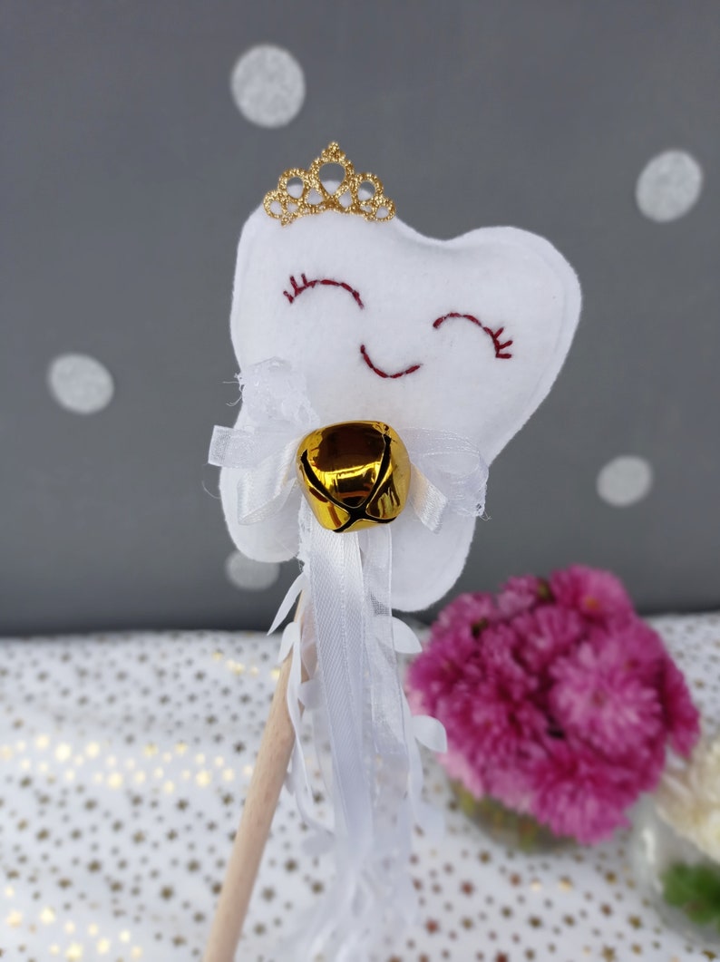 Tooth Fairy Wand: Embroidered Plush Tooth, Gold Crown & Bell - Etsy