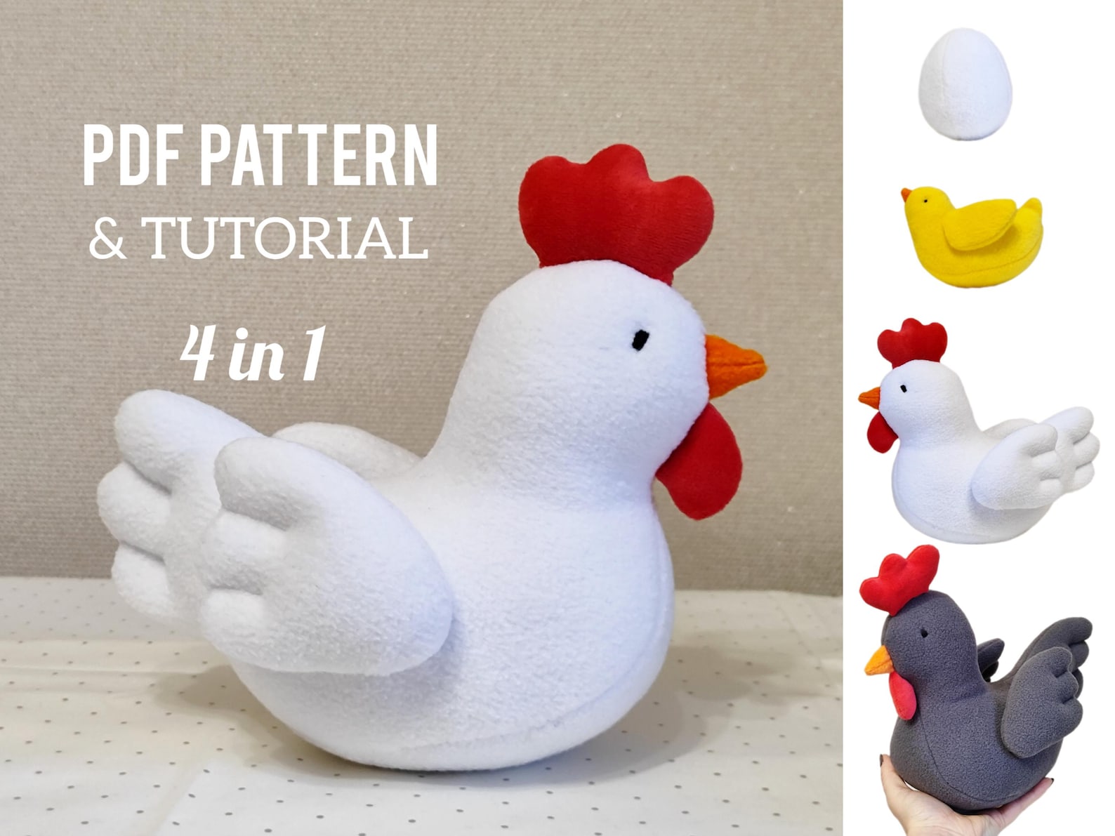 PDF Chicken Easy Sewing Pattern, 4 in 1, Rooster Plush, Hen Tutorial ...