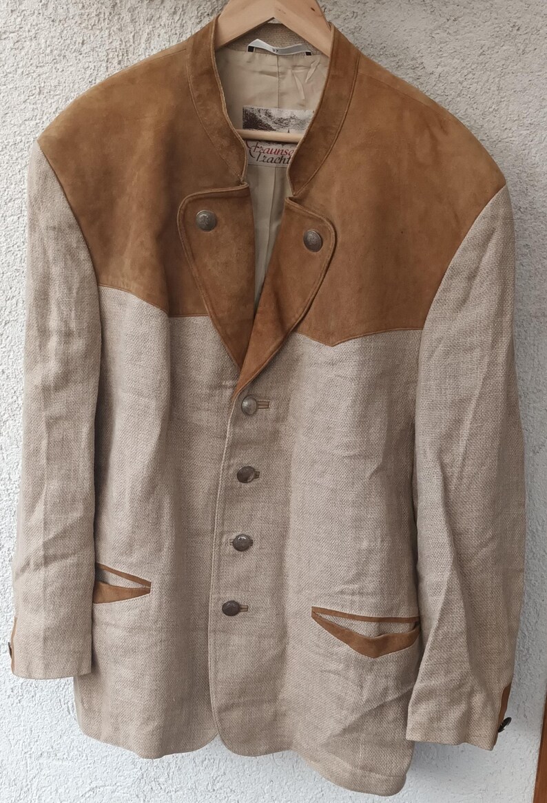 Vintage Mens German Traditional Clothing Blazer Coat Linen and Leather ...