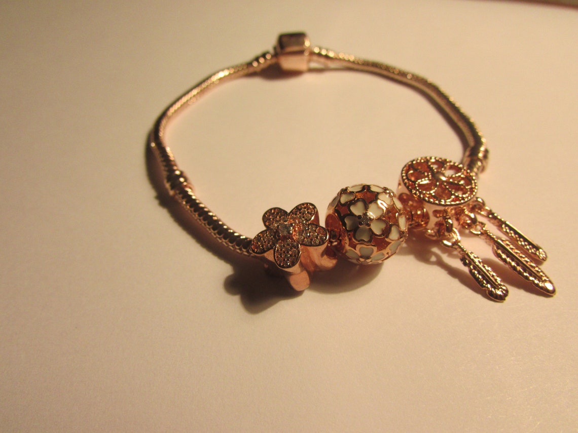 Rose Gold Plated Snake Chain With 3 Beautiful Charms - Etsy