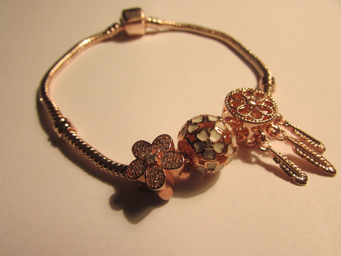 Rose Gold Plated Snake Chain With 3 Beautiful Charms - Etsy