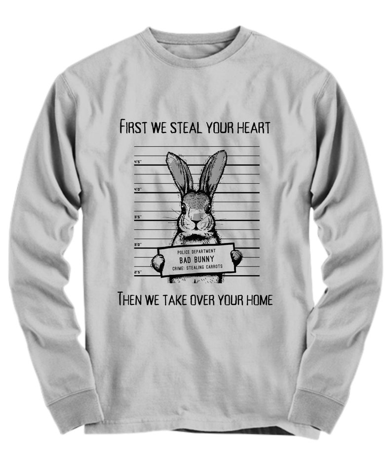 Funny Bunny Long Sleeve T-shirt, Long Sleeved Rabbit Tshirt Tee Gift ...