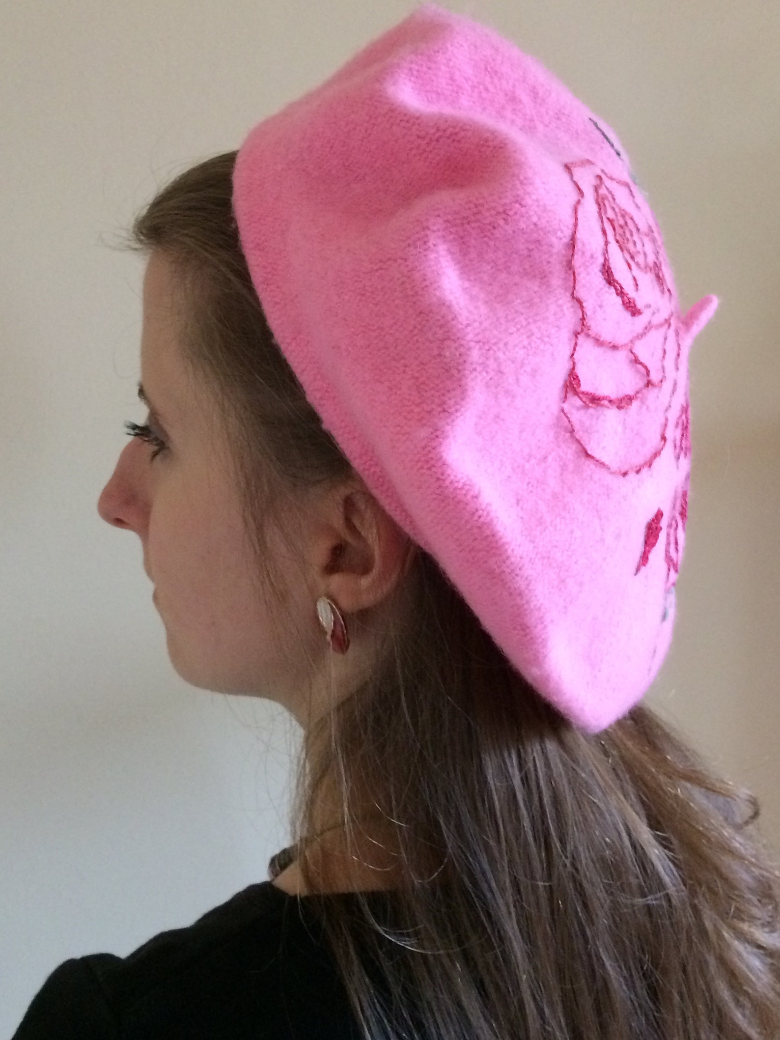 Béret brodé rose rose béret rose pure laine avec broderie | Etsy