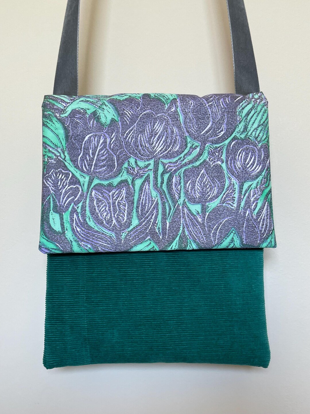 Teal Cord Crossbody Bag With Handprinted Tulip Lino Print Flap and ...