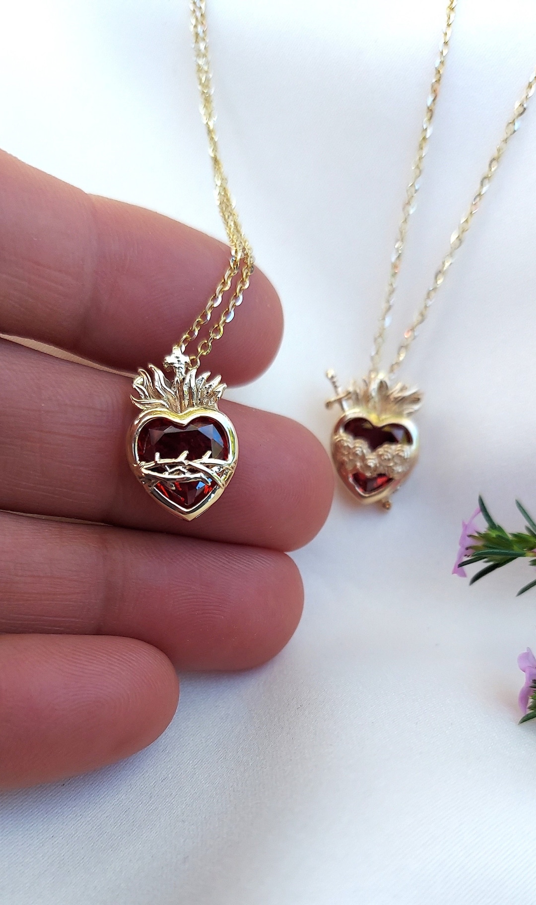 14kt Solid Yellow Gold Sacred Heart of Jesus Gemstone Necklace ...