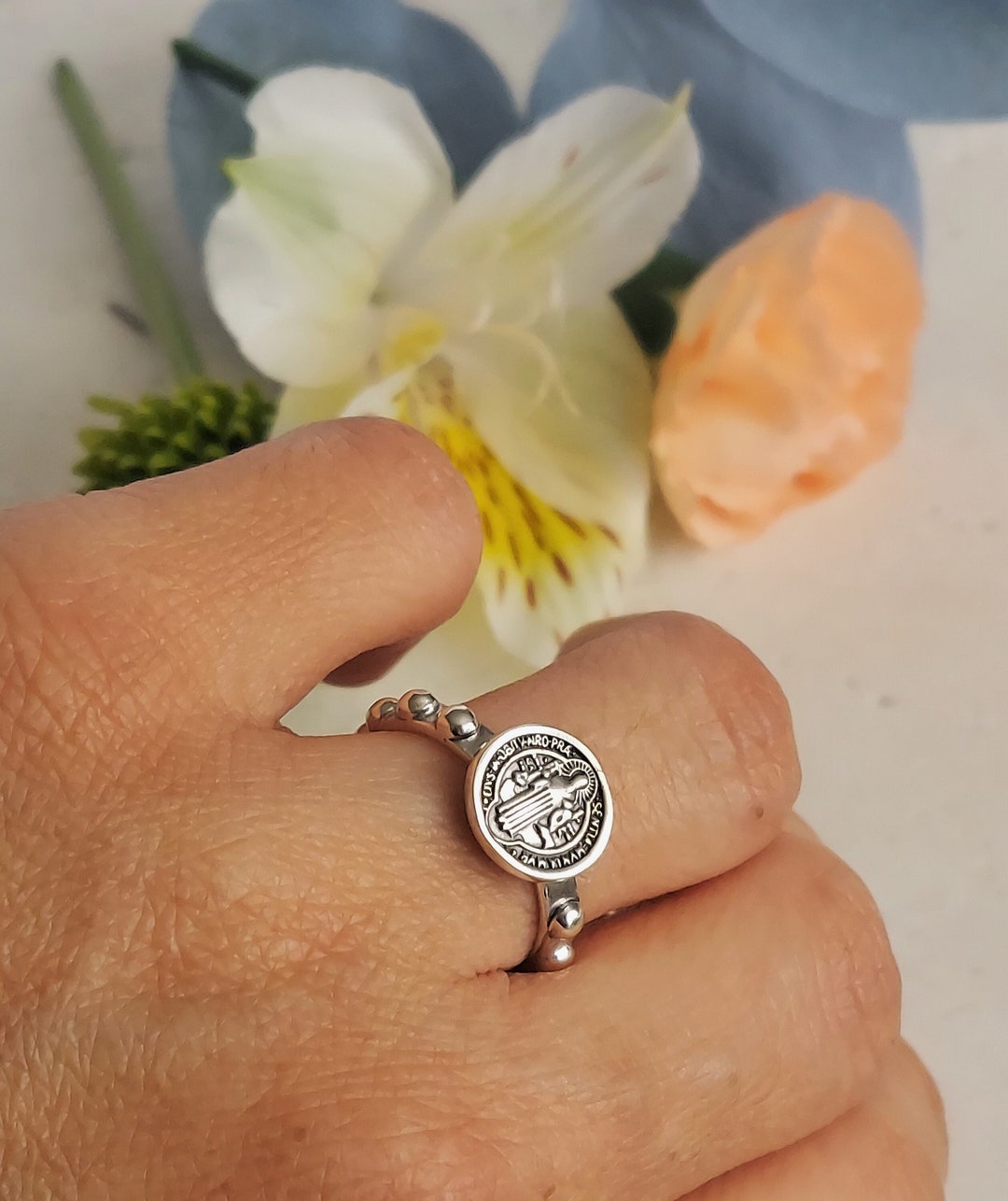 Sterling Silver Solid Saint Benedict Rosary Ring, Rosary, Ring, Silver ...