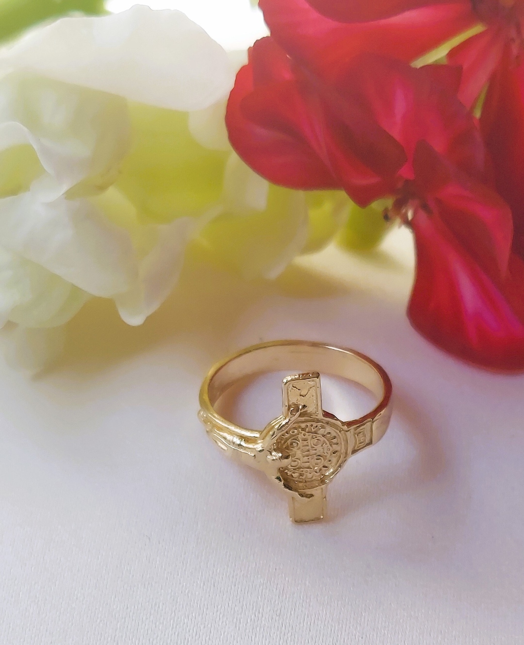 14k Solid Yellow Gold Saint Benedict Ring Christian Roman Catholic Ring ...