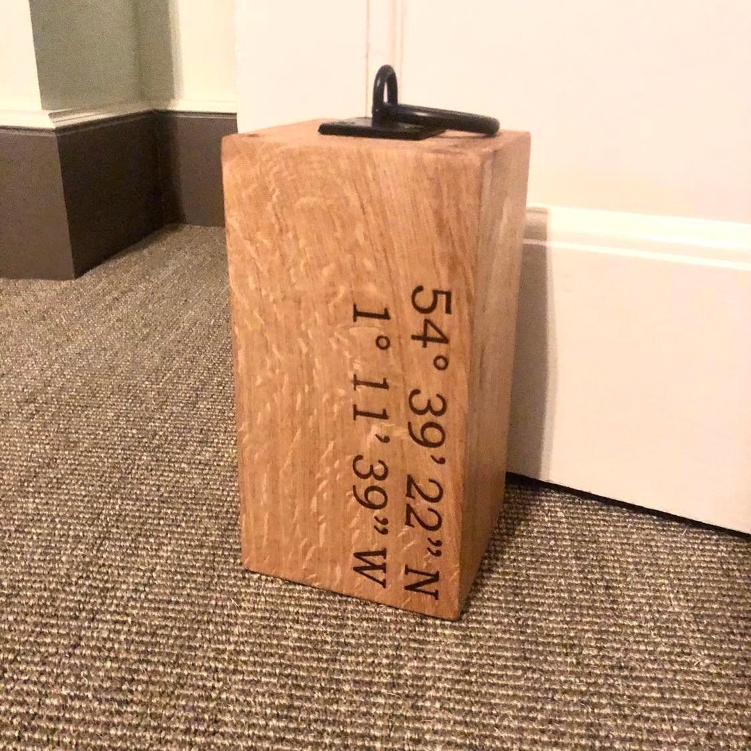 Solid Oak Rustic Block Door Stop With Coordinates | Wood Doorstop ...