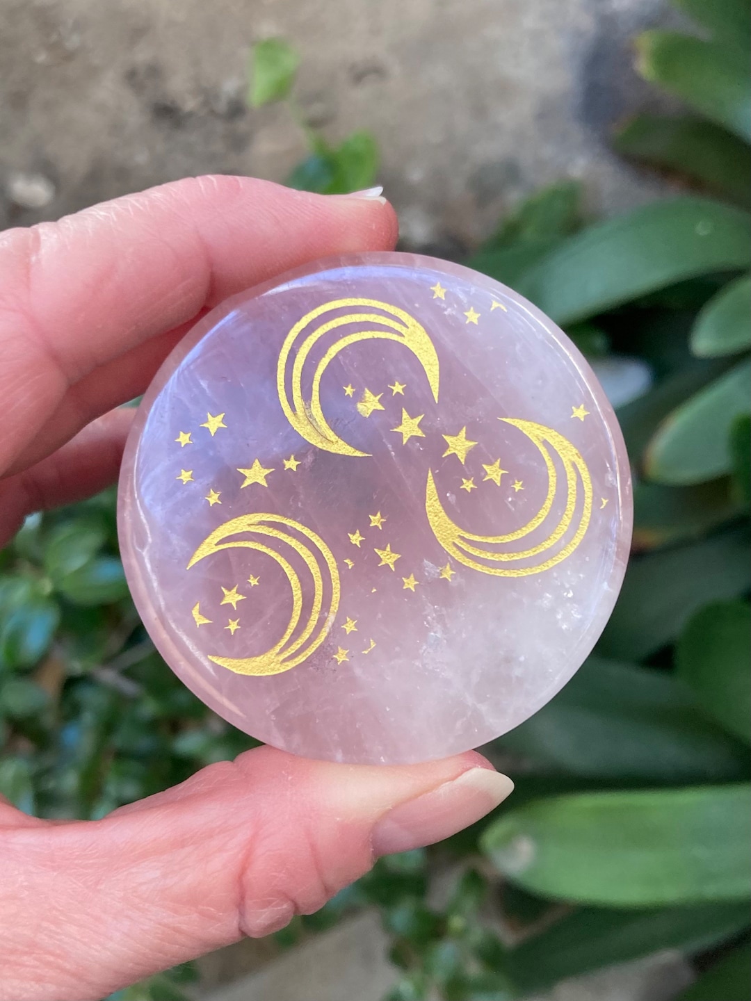 Rose Quartz Disc With Moon and Stars Engraving,plate,engraved Crystal ...