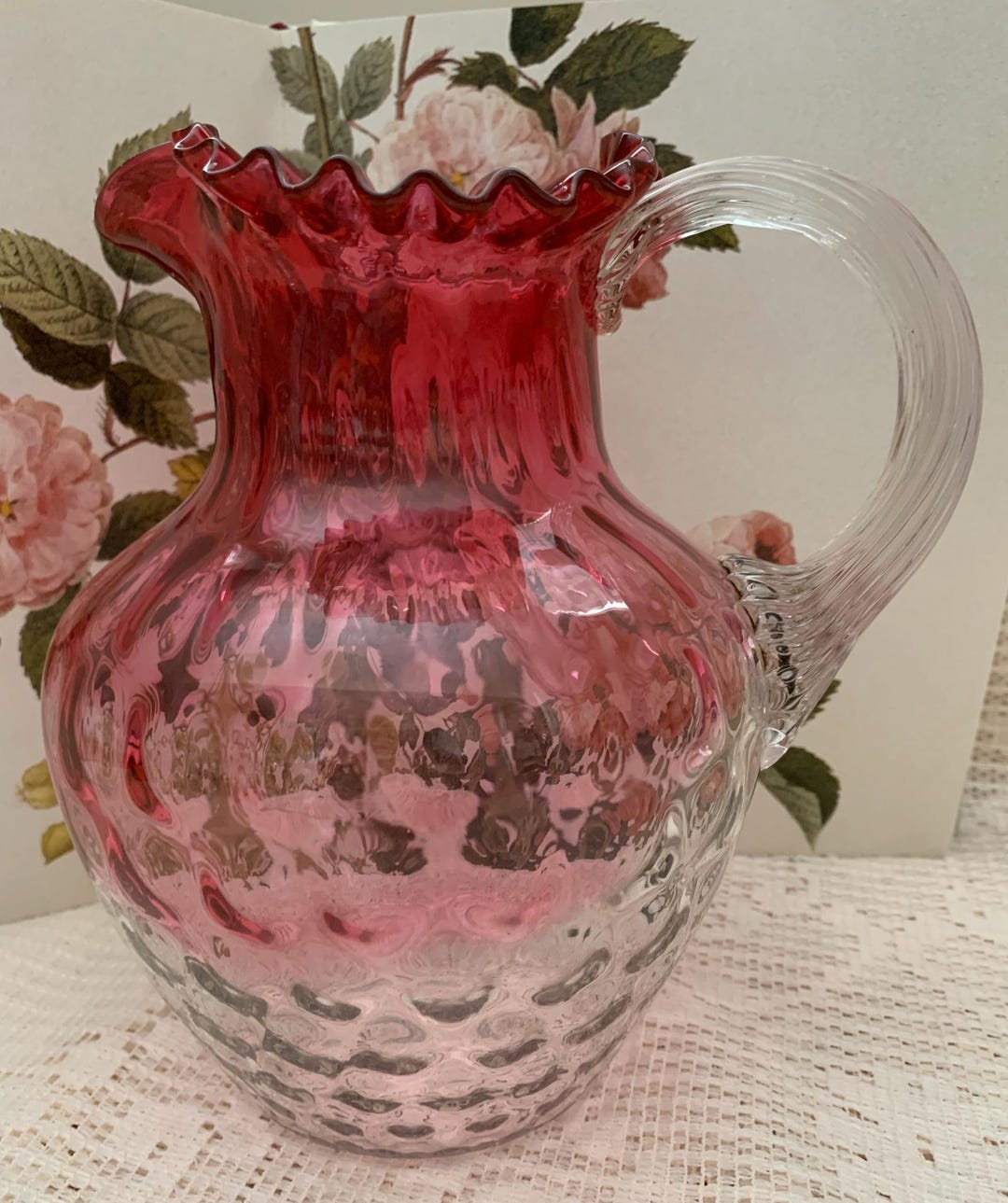 Vintage Cranberry Rubina Glass Pitcher: Phoenix Thumbprint, Ruffled ...