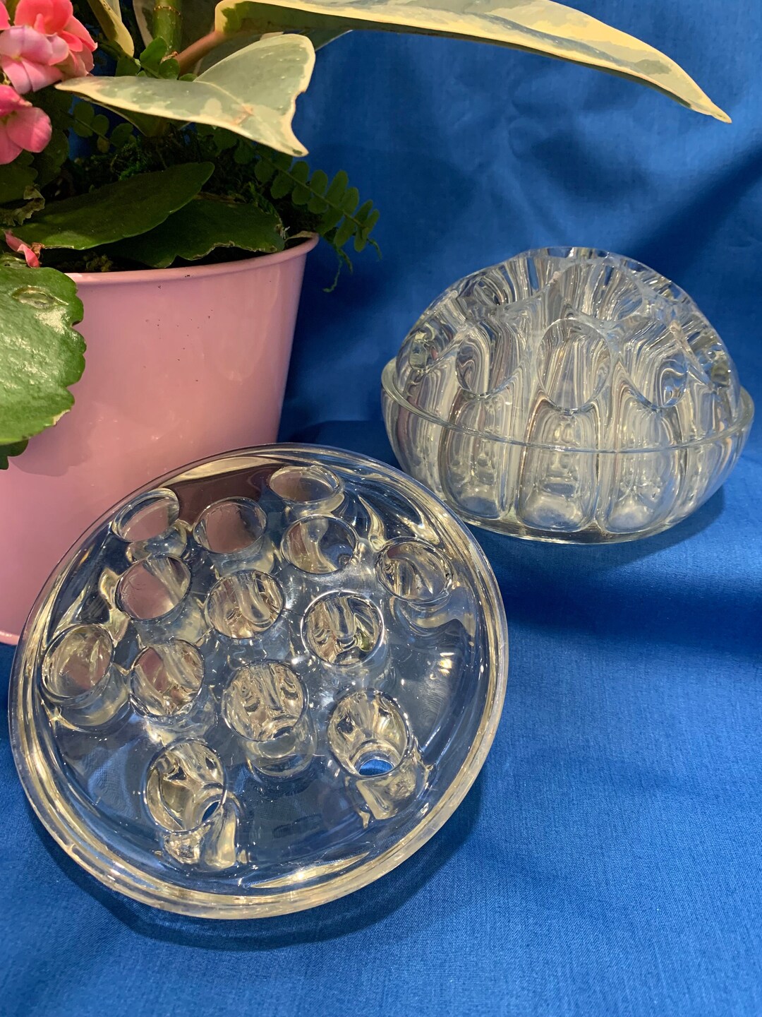 Vintage Clear Glass Flower Frogs Holders Floral Dome Round Footed Large ...