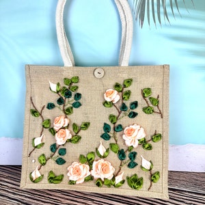 Light Pink Roses Ribbon Embroidery Jute Tote Bag | Roses Embroidered ...