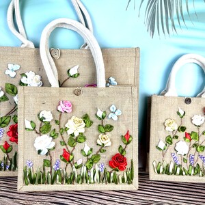 Roses Garden Ribbon Embroidery Jute Tote Bag | Roses Embroidered Jute ...