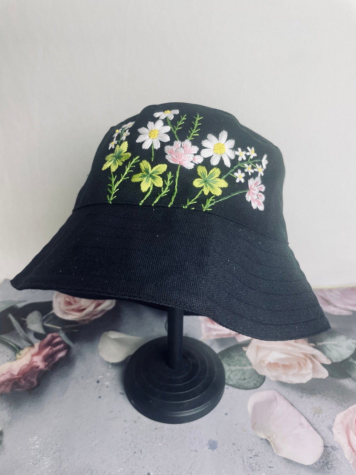 Black Embroidery Bucket Hat, Canvas Women Embroidery Bucket Hat, Custom ...