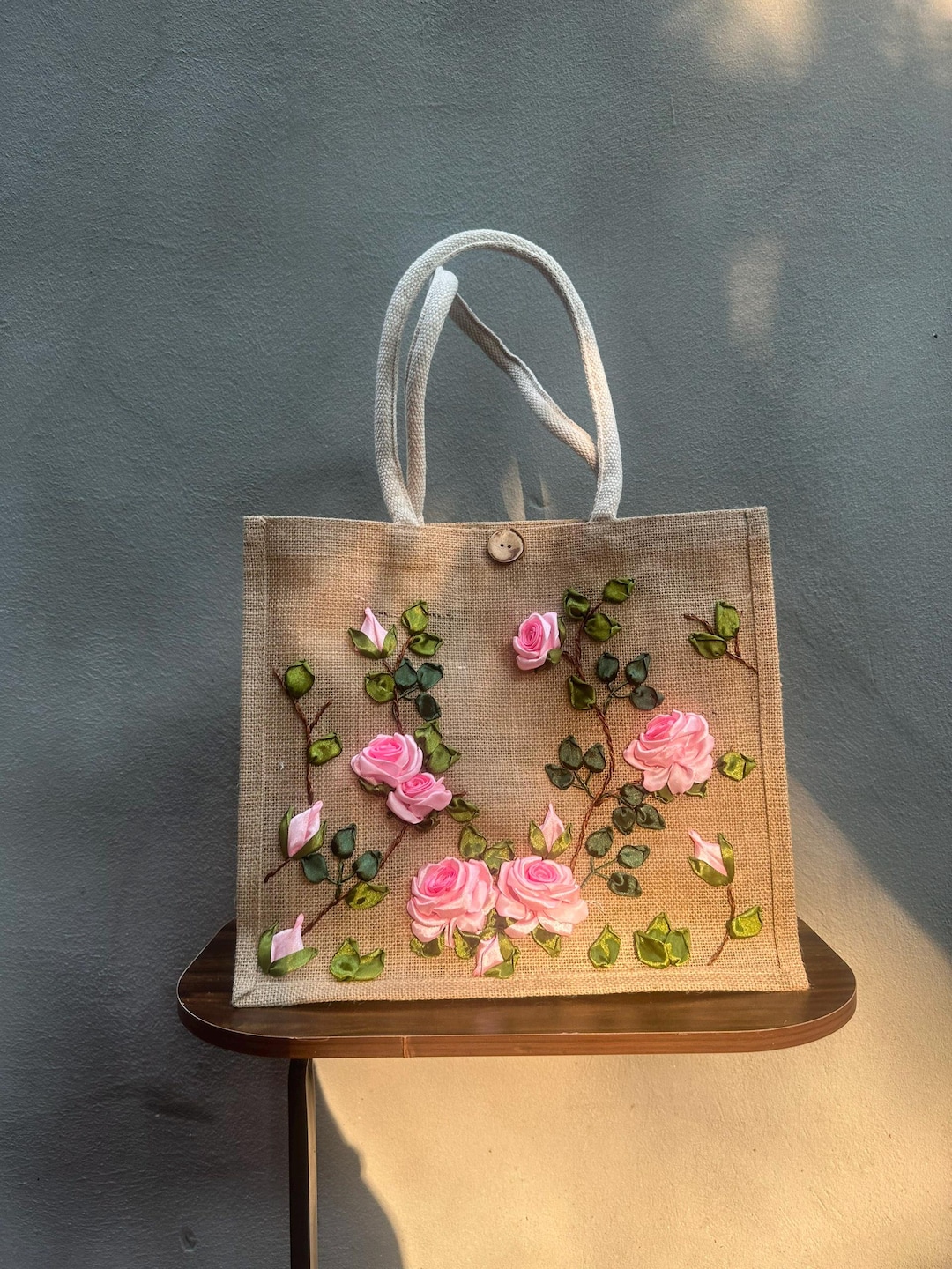 Handmade Pink Flower Tote Bags, Floral Shoulder Bag, Pink Floral Beach ...