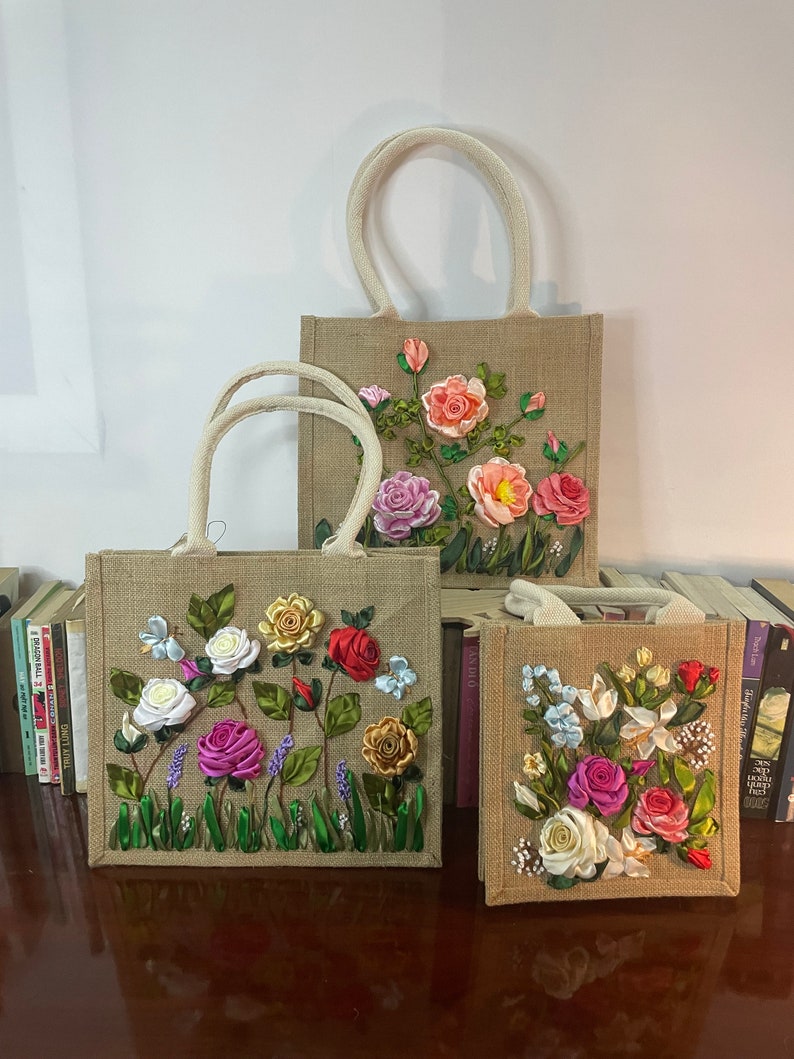 Ribbon Embroidery Jute Tote Bag Small Roses Embroidered Jute - Etsy