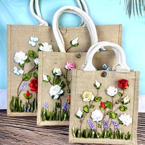 Roses Garden Ribbon Embroidery Jute Tote Bag | Roses Embroidered Jute ...