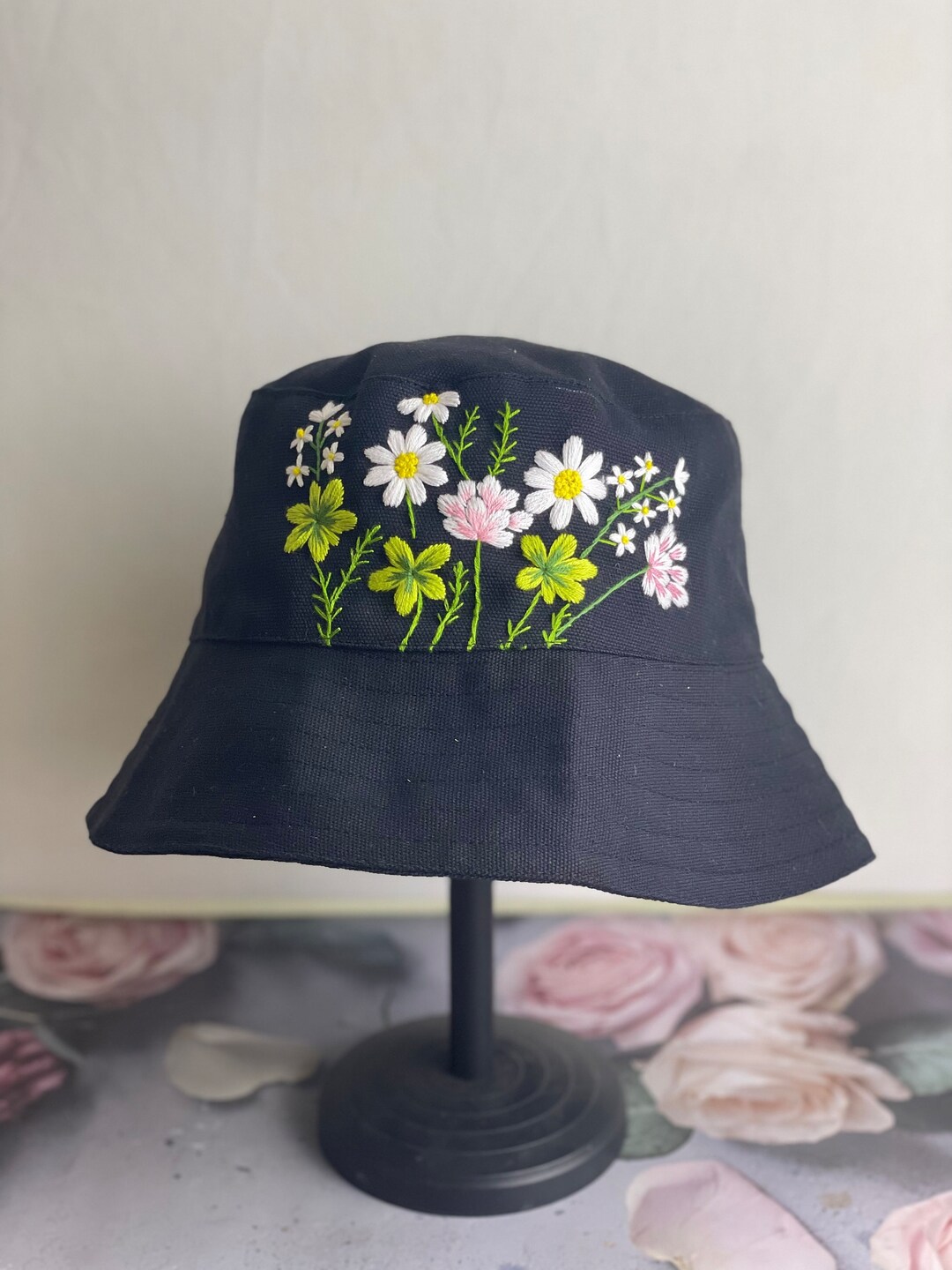 Black Embroidery Bucket Hat, Canvas Women Embroidery Bucket Hat, Custom ...