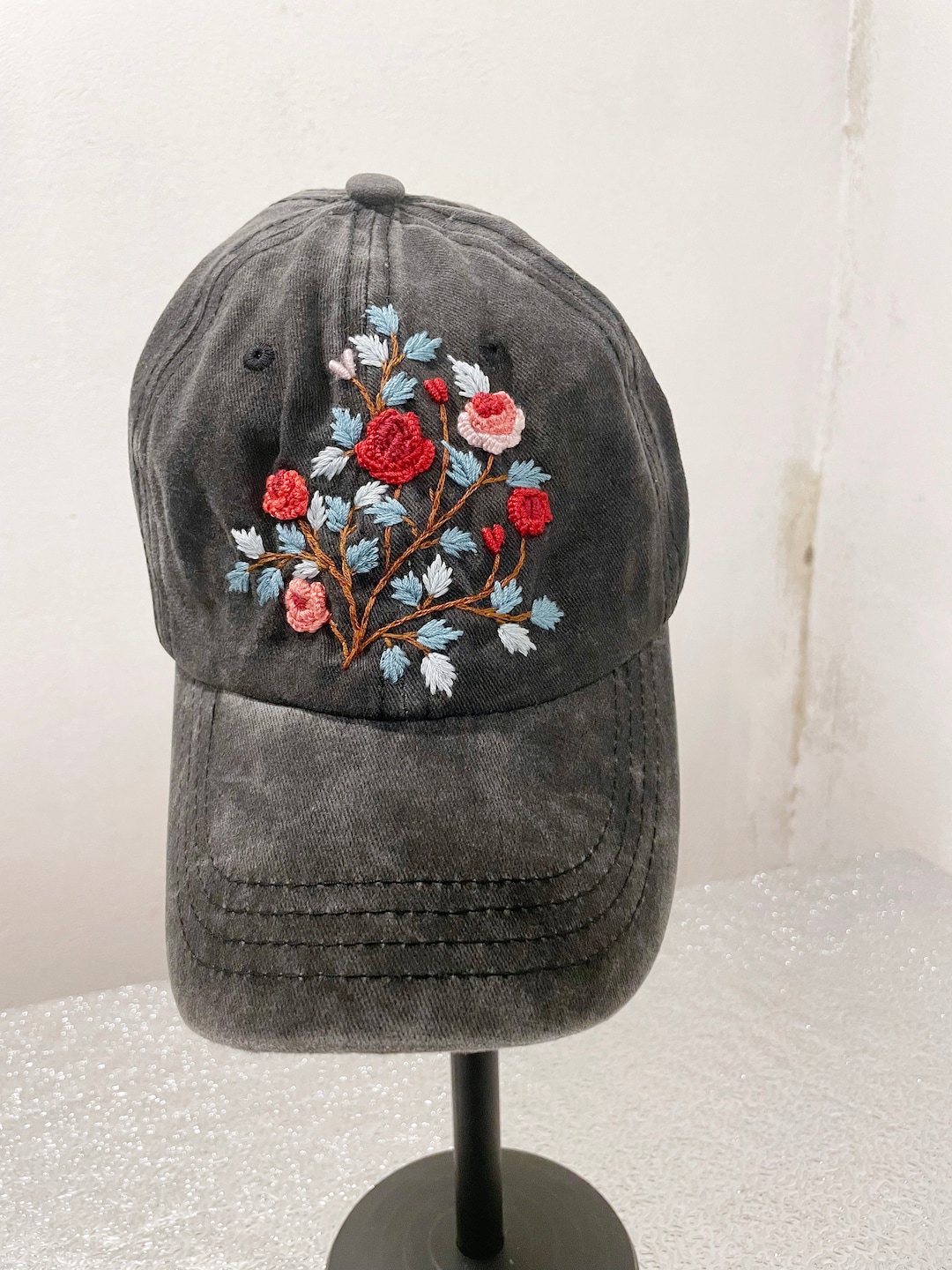 Rose Embroidered Cap, Custom Embroidery Cap, Floral Embroidery Cap ...