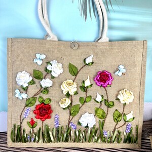 Roses Garden Ribbon Embroidery Jute Tote Bag | Roses Embroidered Jute ...
