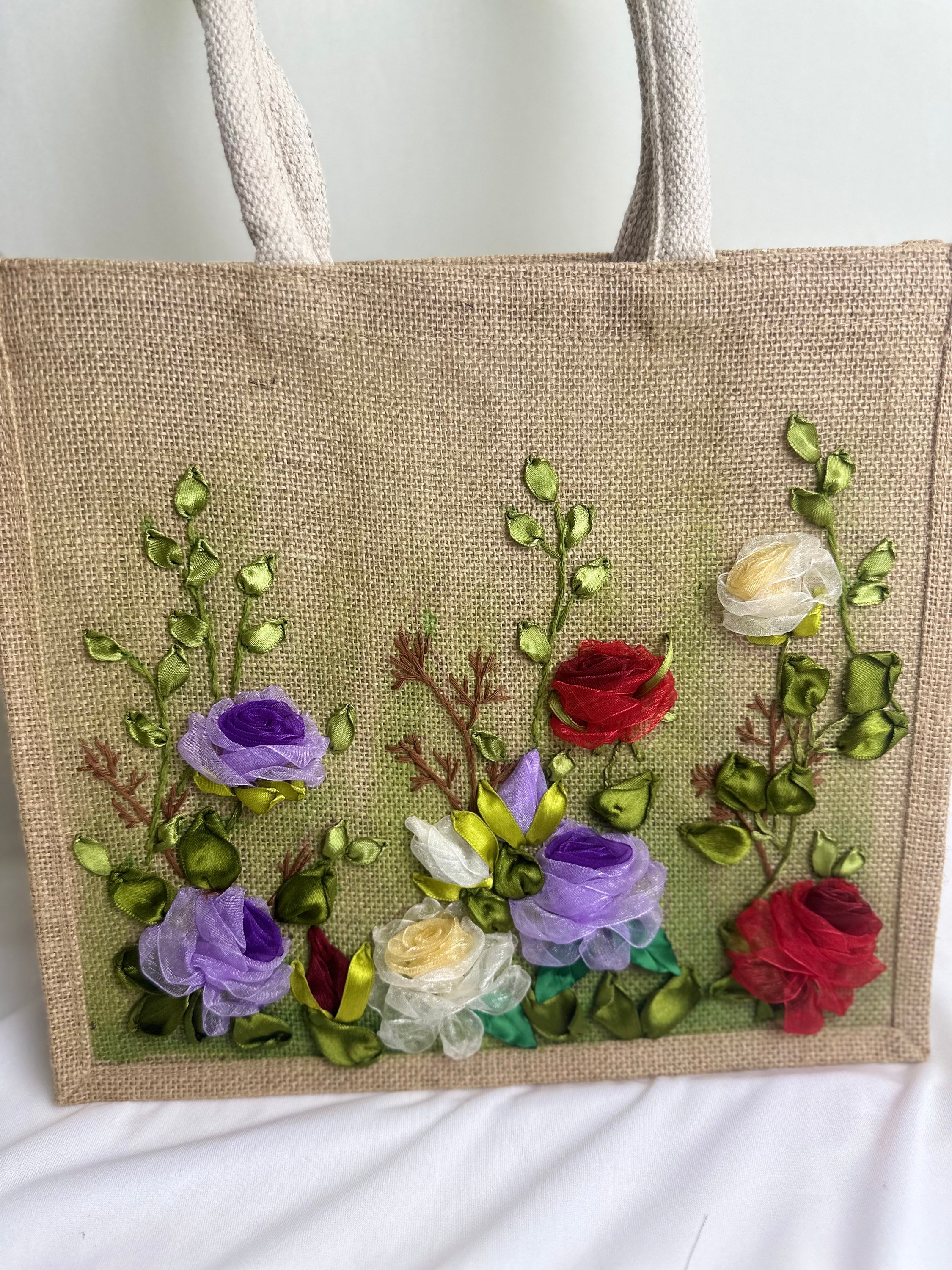 Rose Ribbon Embroidery Jute Tote Bag Roses Embroidered Jute Tote Bag ...