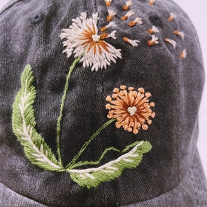 Floral Embroidered Cap, Custom Embroidery Hat, Hand Dandelion ...