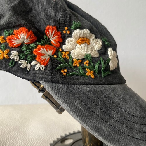 Hand Embroidered Hat Pink Floral Embroidery Baseball Cap Etsy