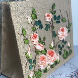 Ribbon Embroidery Jute Tote Bag | Roses Embroidered Jute Tote Bag ...