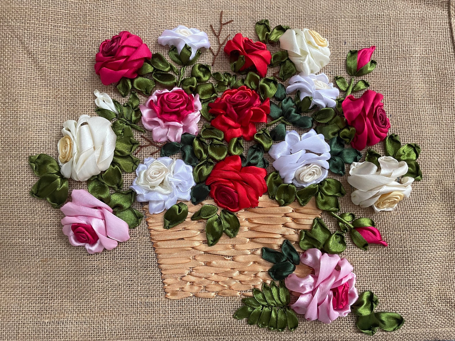 Roses Ribbon Embroidery Large Jute Tote Bag | Ribbon Embroidery Roses ...