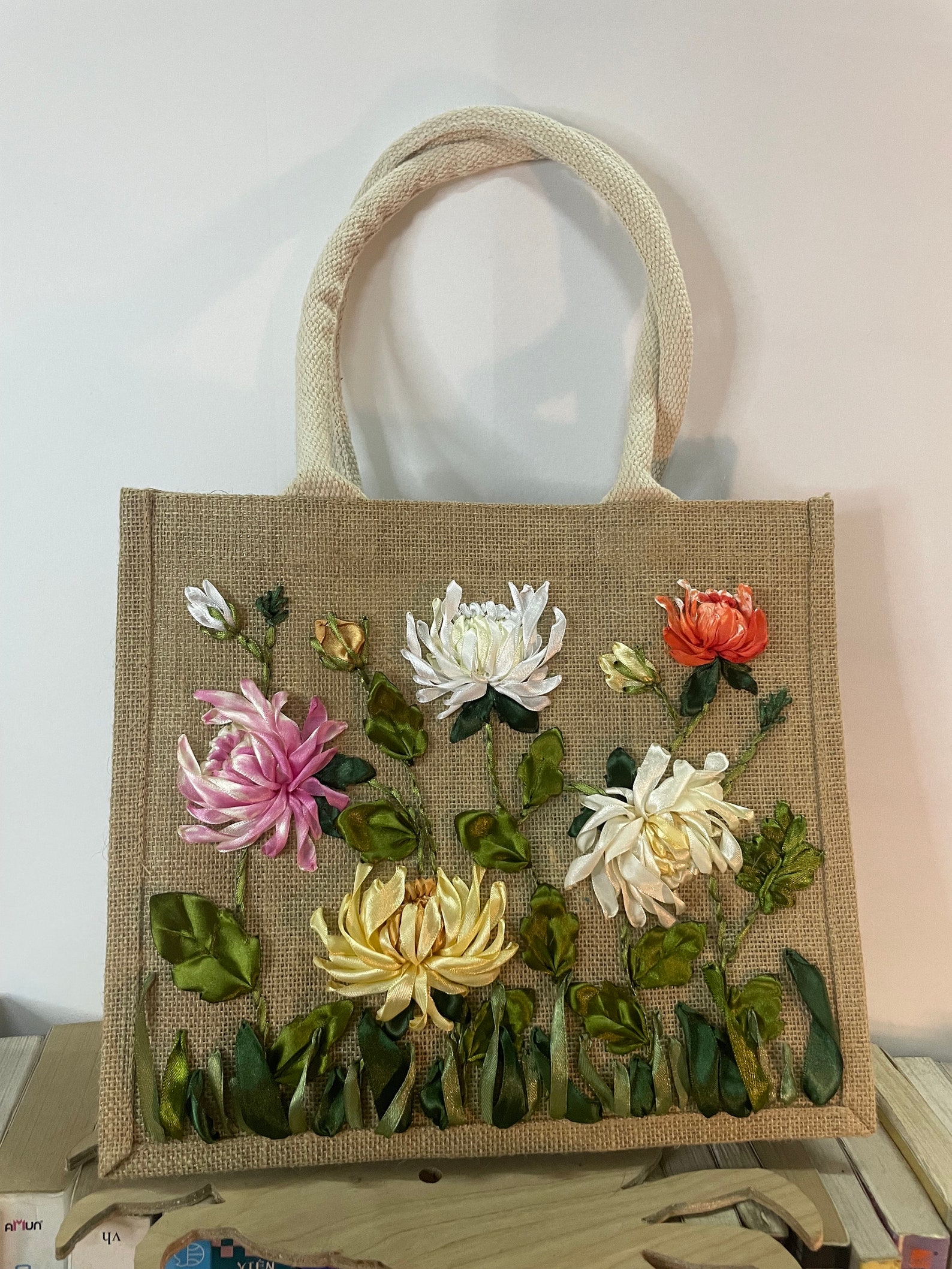 Ribbon Embroidery Jute Tote Bag | Embroidery Chamo Jute Tote Bag ...