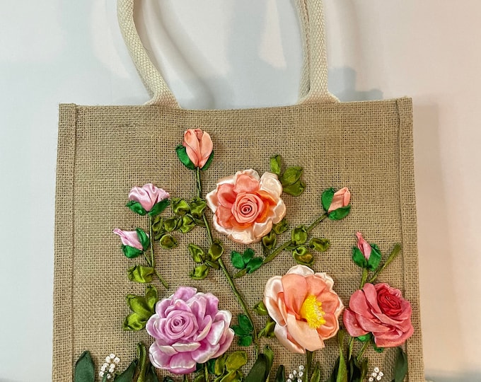 Ribbon Embroidery Jute Tote Bag Roses Embroidered Jute Tote - Etsy